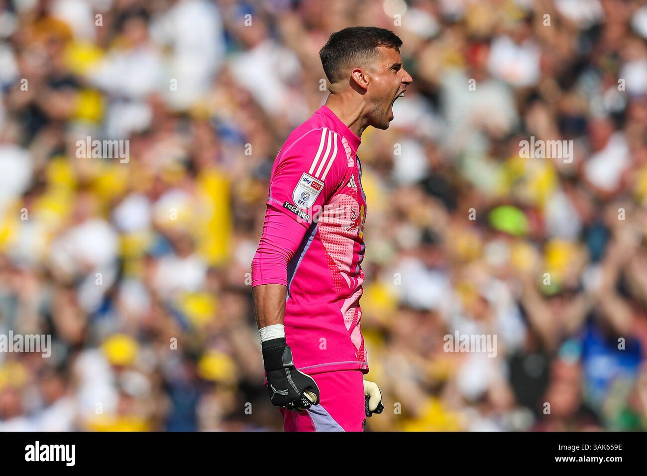 Leeds, UK. 12th Apr, 2025. Karl Darlow of Leeds United celebrates Leeds ...