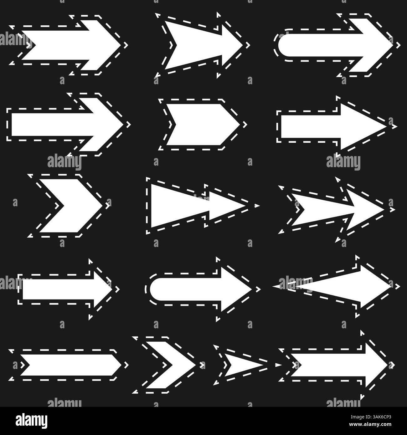 Flat vector icons of arrows with fill and dotted stroke on black ...
