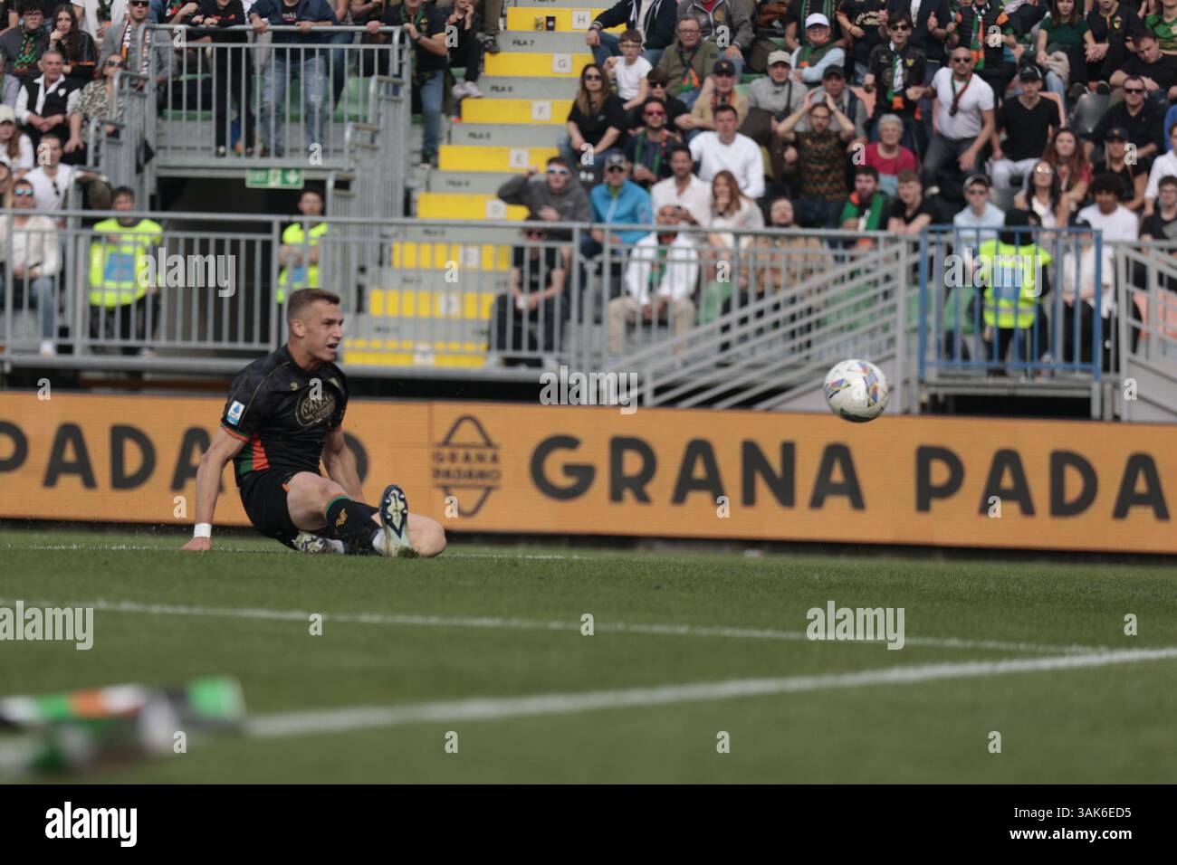 Venice, Italy. 12th Apr, 2025. Venezia's DANIEL FILA scores a goal ...