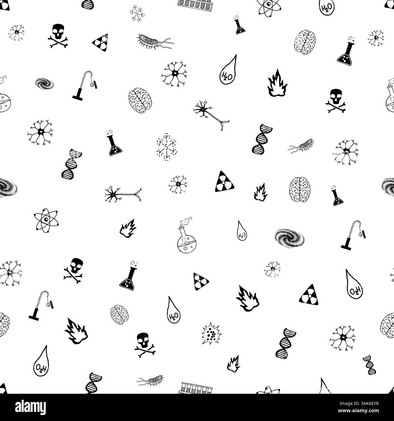 Seamless doodle pattern of science elements background with atom ...