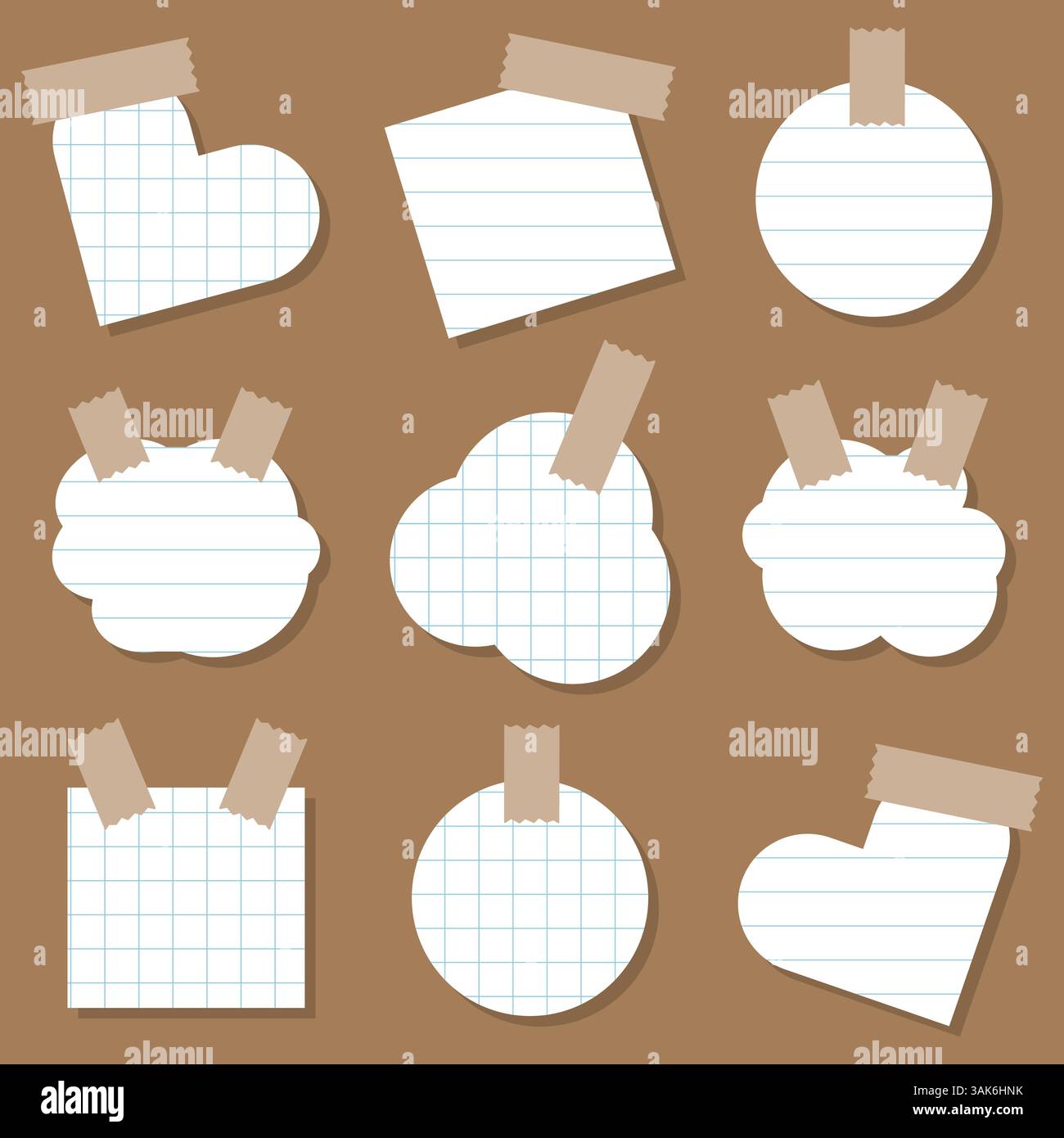 Collection of various checkered and lined note papers with sticky tape ...