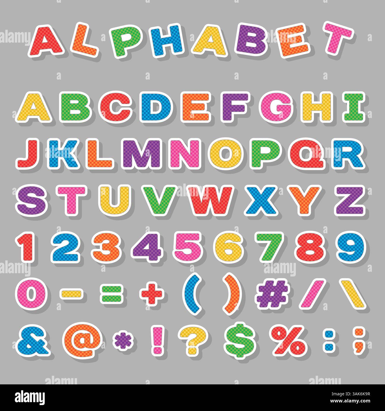 Vector flat alphabet with symbols and letters with bright multi-colored ...