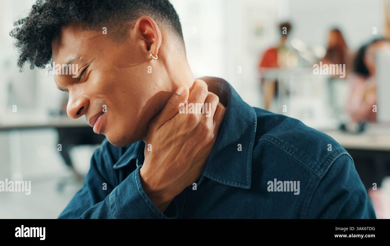 Stress, university and student in classroom with neck pain, injury or ...