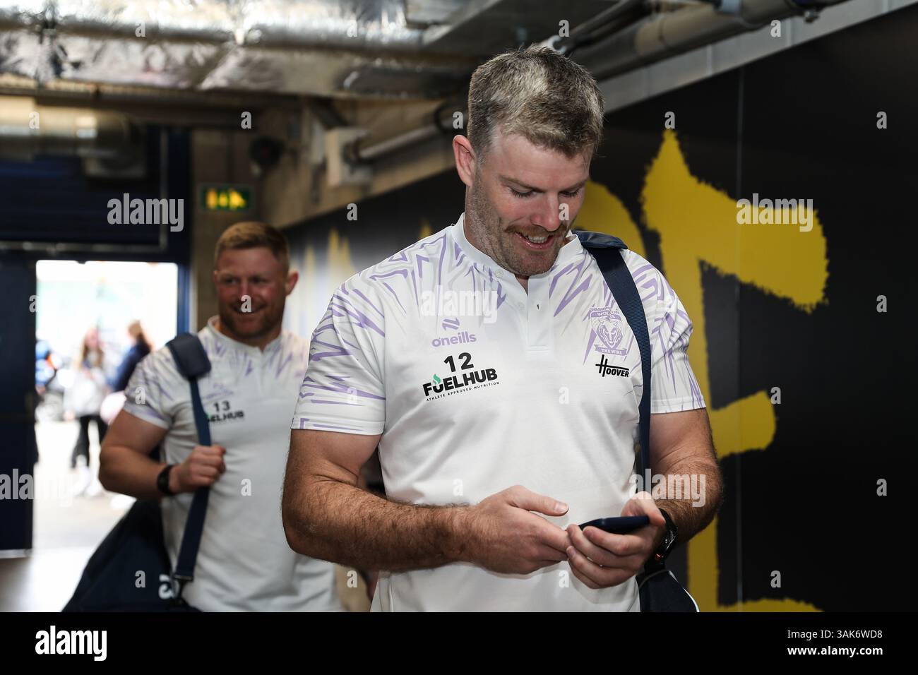 Lachlan Fitzgibbon of Warrington Wolves arrives ahead of the Betfred ...
