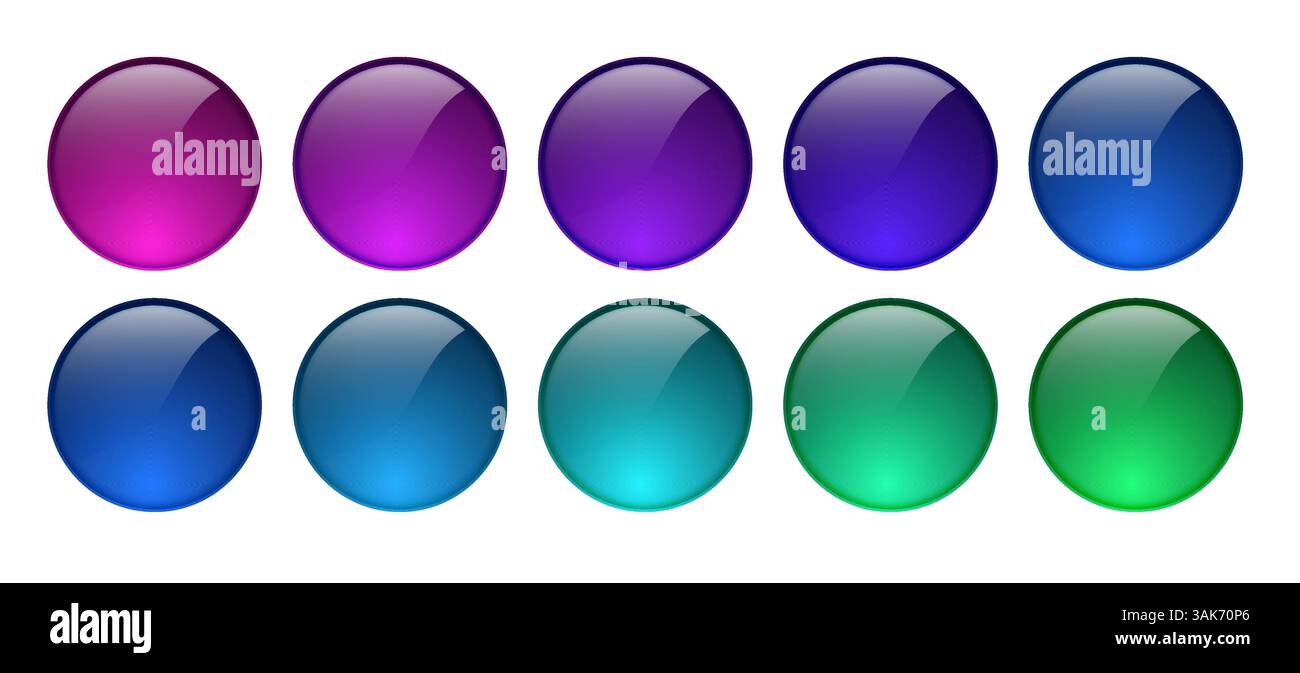 3d round game button icon set in blue, green, purple color. Vector ball ...