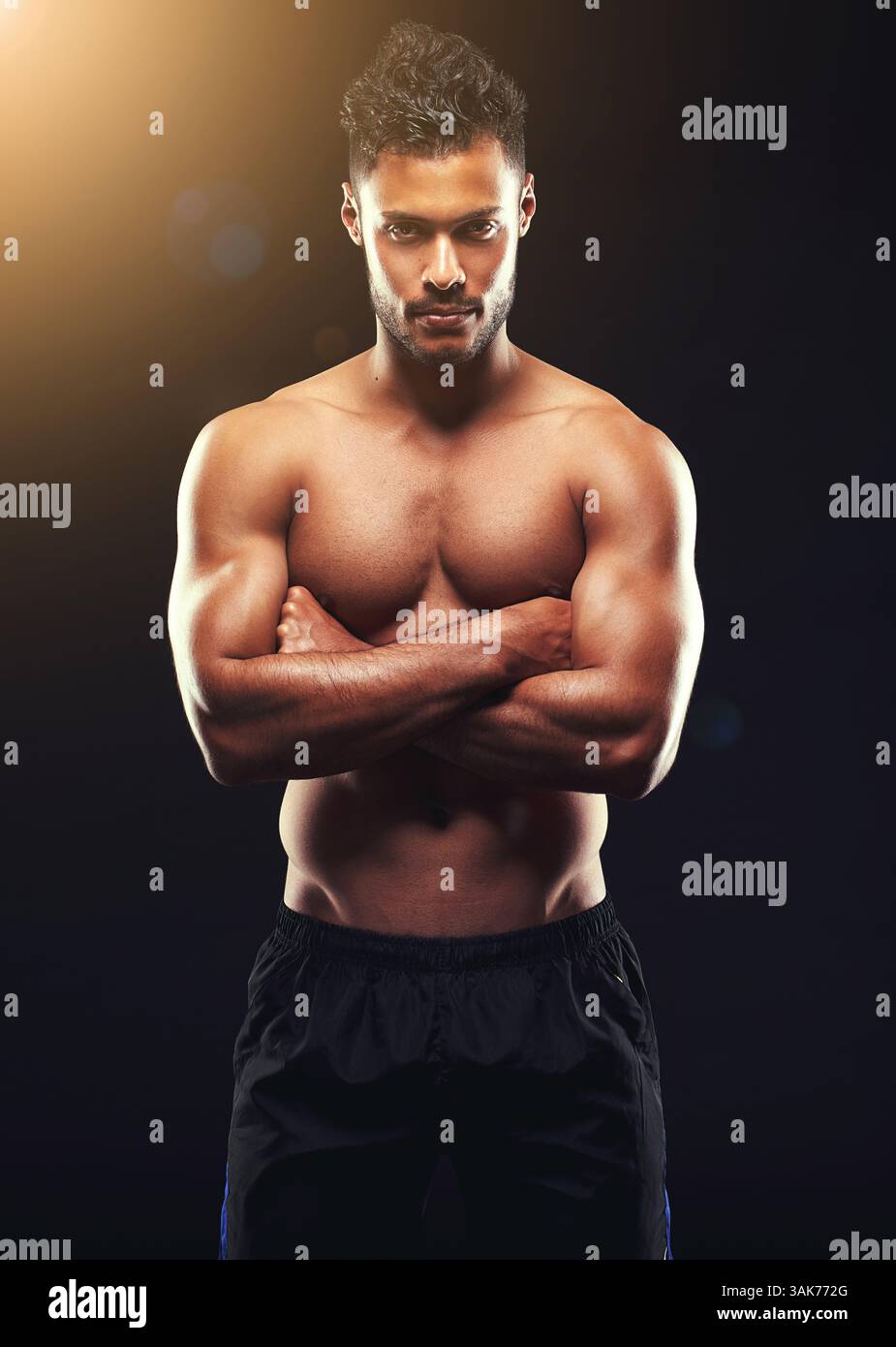 Fitness, portrait and man in studio with serious muscle, confidence and ...