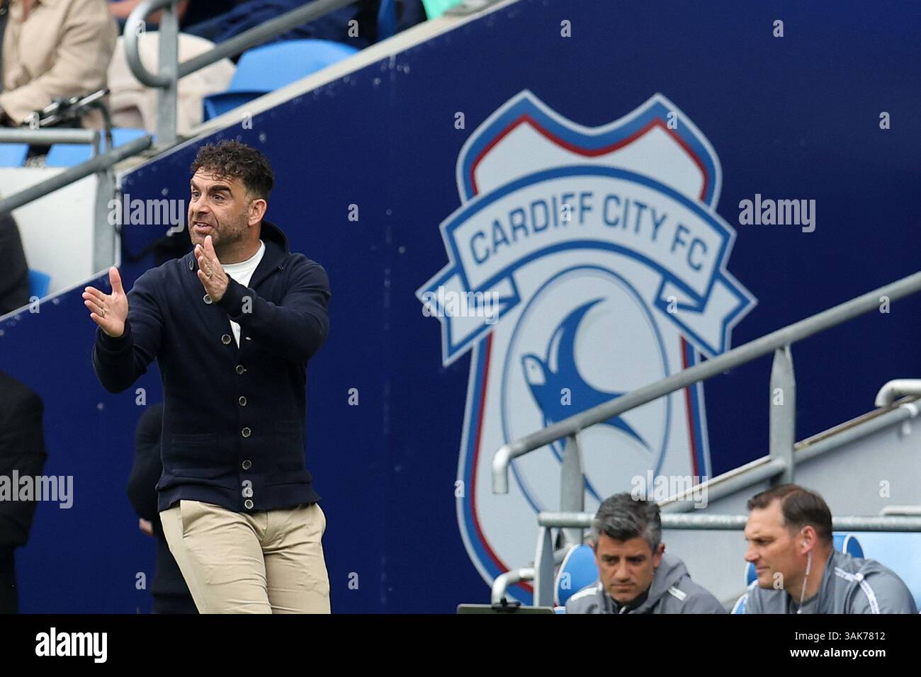 Cardiff, UK. 12th Apr, 2025. Omer Riza, the manager of Cardiff city ...