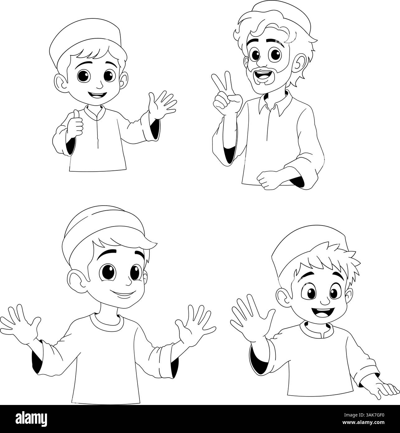 Cute cartoon illustration of Muslim boys in traditional clothing, drawn ...