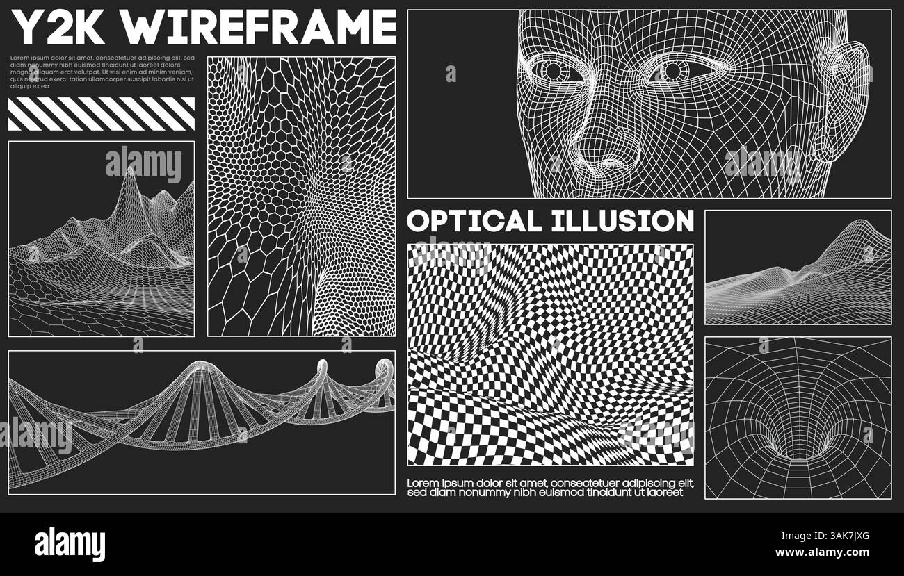 Y2K wireframe collage with 3D digital face, DNA helix, hexagonal mesh ...