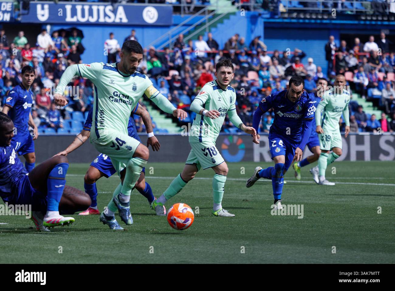 GETAFE, SPAIN - APRIL 12, 2025: Alex Suarez (4 UD Las Palmas) during ...