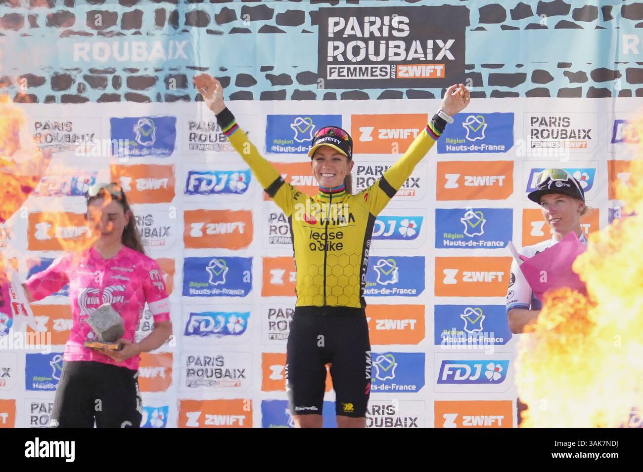 Pauline Ferrand Prevot, of France, celebrates on the podium after ...