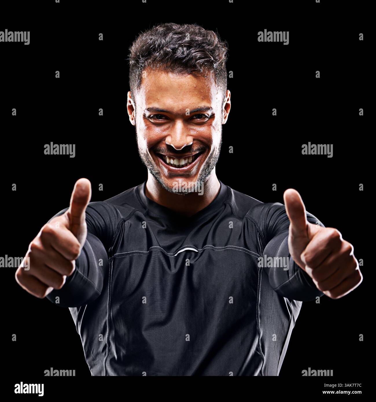 Fitness, portrait and happy man in studio with thumbs up, confidence ...