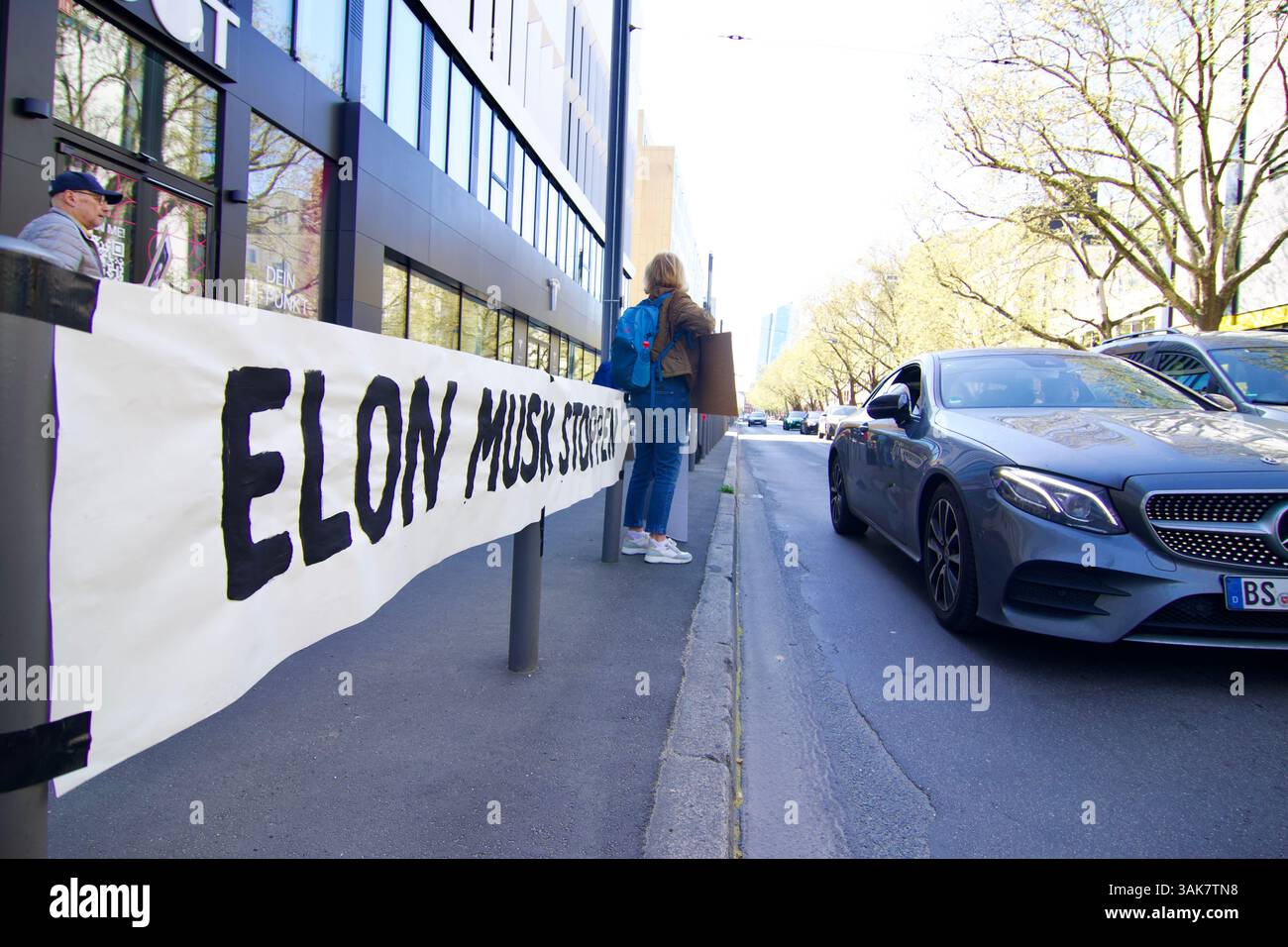 Frankfurt am Main, Germany. April 12, 2025. A protest in front of Tesla ...