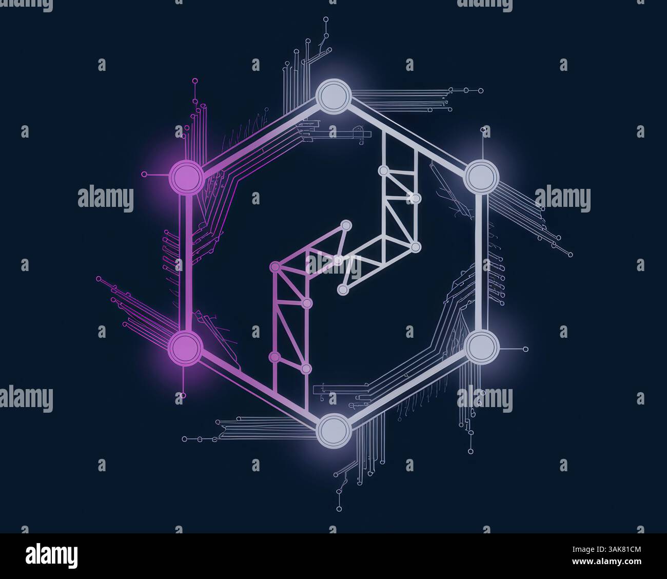 Stylized illustration of a hexagonal network with circuit-like elements ...