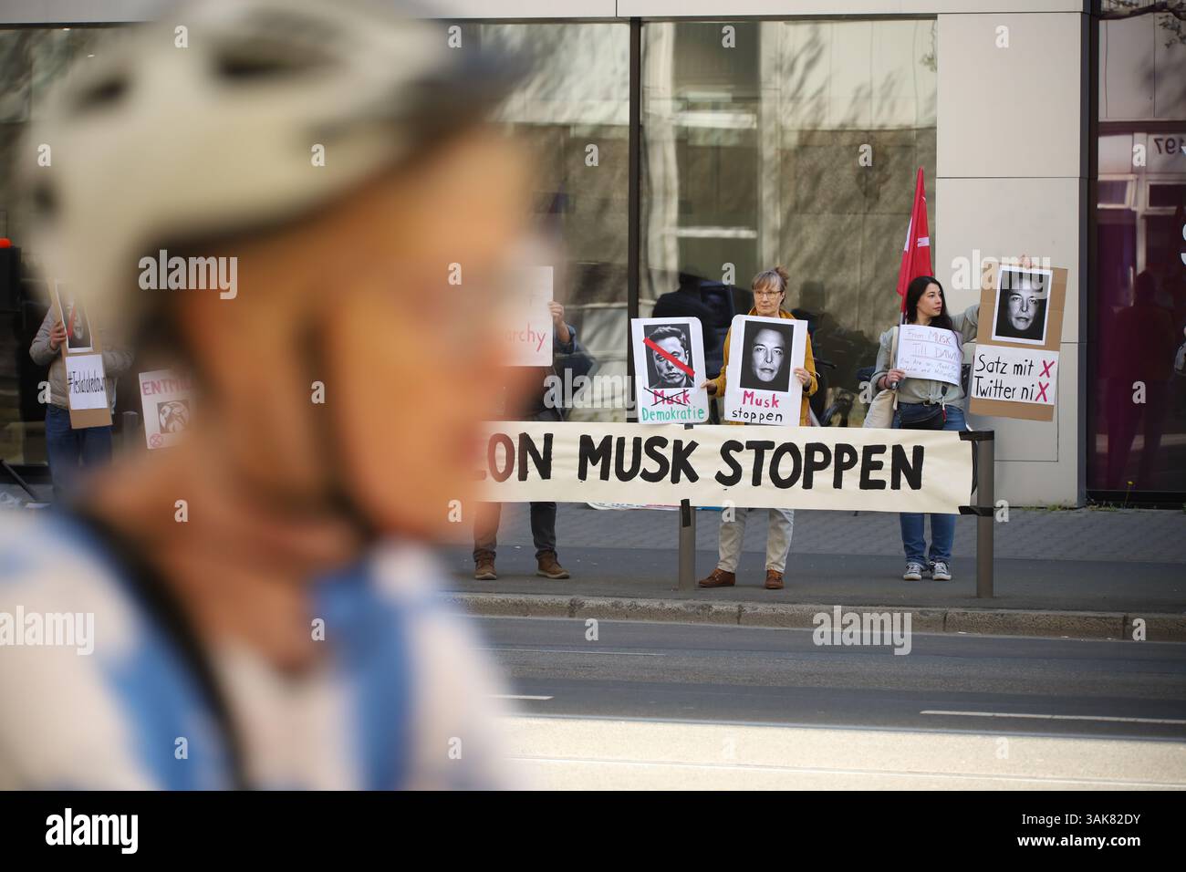 Frankfurt am Main, Germany. April 12, 2025. A protest in front of Tesla ...