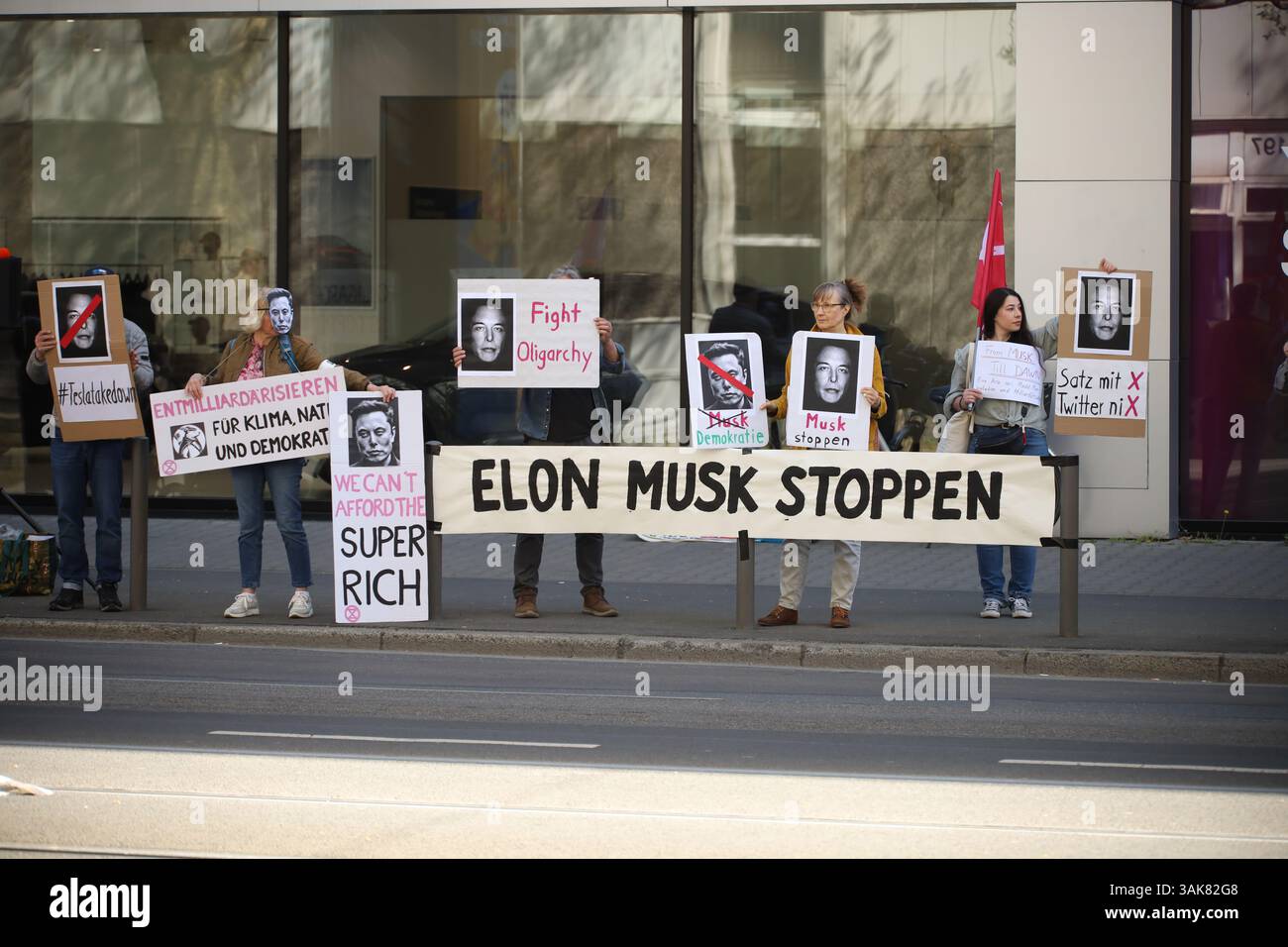 Frankfurt am Main, Germany. April 12, 2025. A protest in front of Tesla ...
