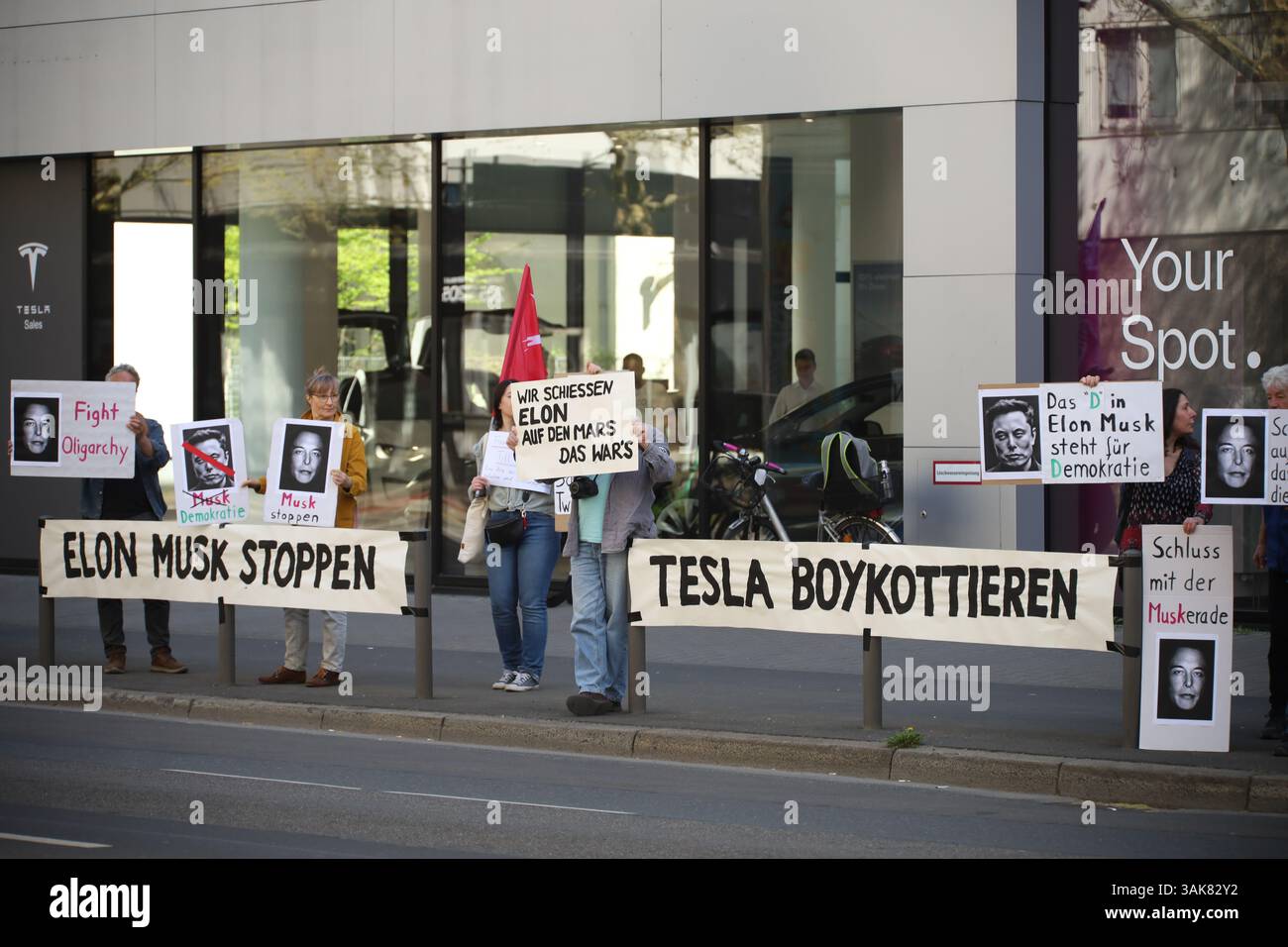 Frankfurt am Main, Germany. April 12, 2025. A protest in front of Tesla ...