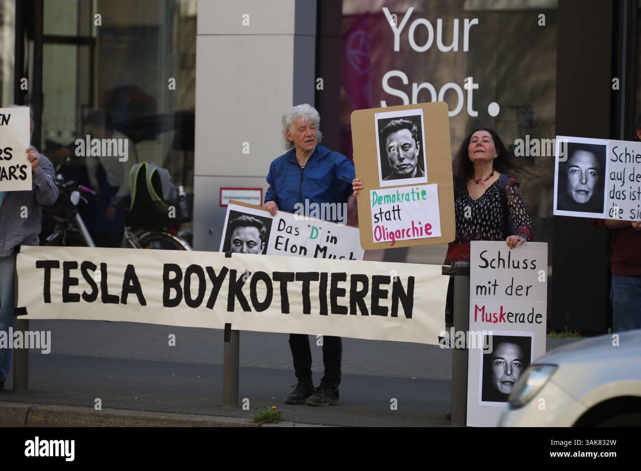 Frankfurt am Main, Germany. April 12, 2025. A protest in front of Tesla ...