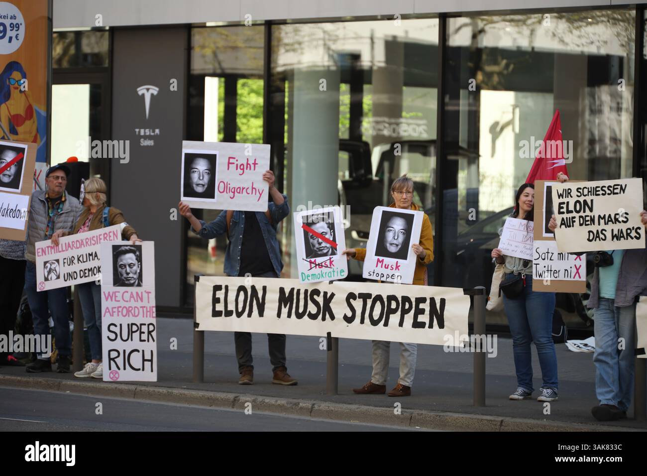 Frankfurt am Main, Germany. April 12, 2025. A protest in front of Tesla ...