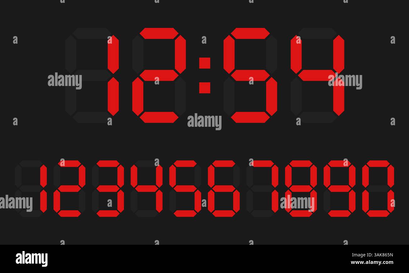Red digital numbers set isolated on black background, vector electronic ...