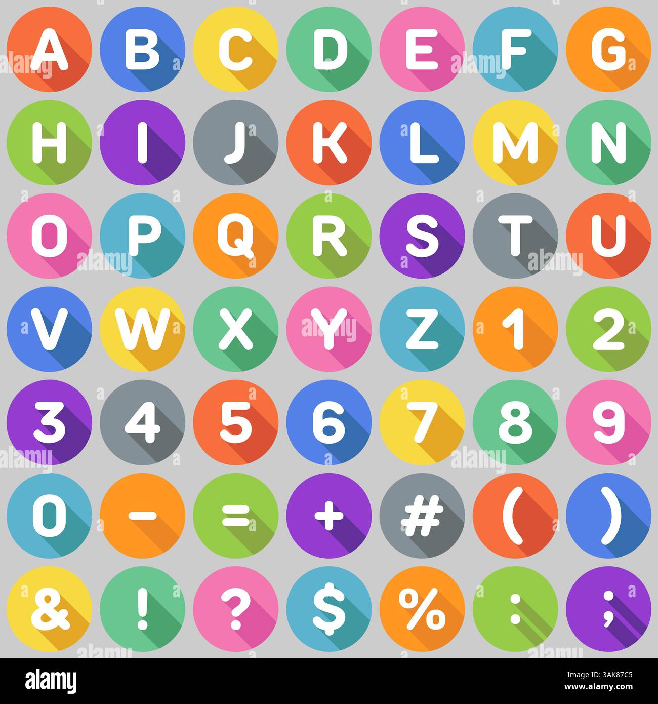 Vector alphabet with letters and symbols in a circle with a shadow ...