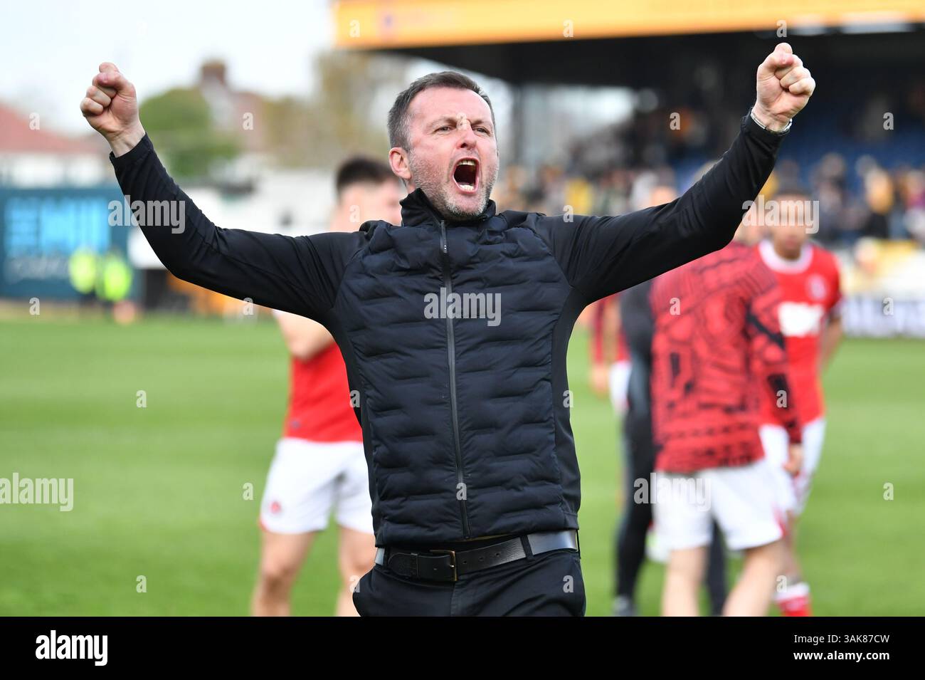 Cambridge, England. 12th Apr 2025. Nathan Jones celebrates after the ...
