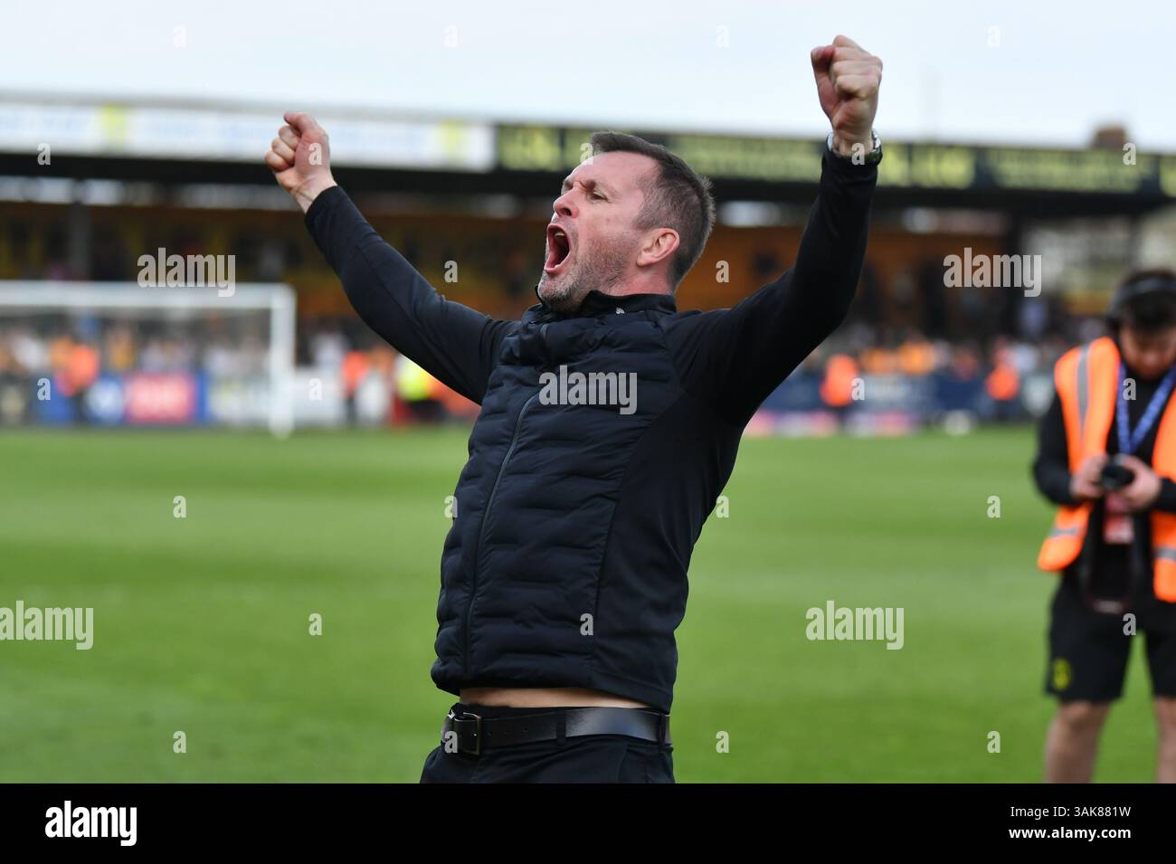 Cambridge, England. 12th Apr 2025. Nathan Jones celebrates after the ...