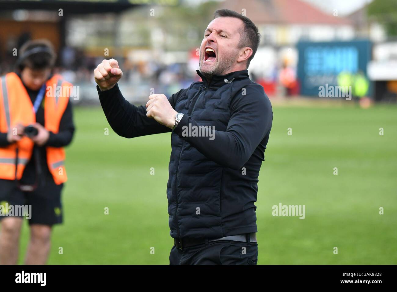 Cambridge, England. 12th Apr 2025. Nathan Jones celebrates after the ...