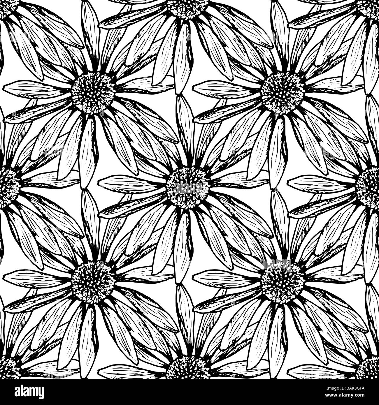 Seamless black and white floral pattern featuring hand drawn daisy-like ...