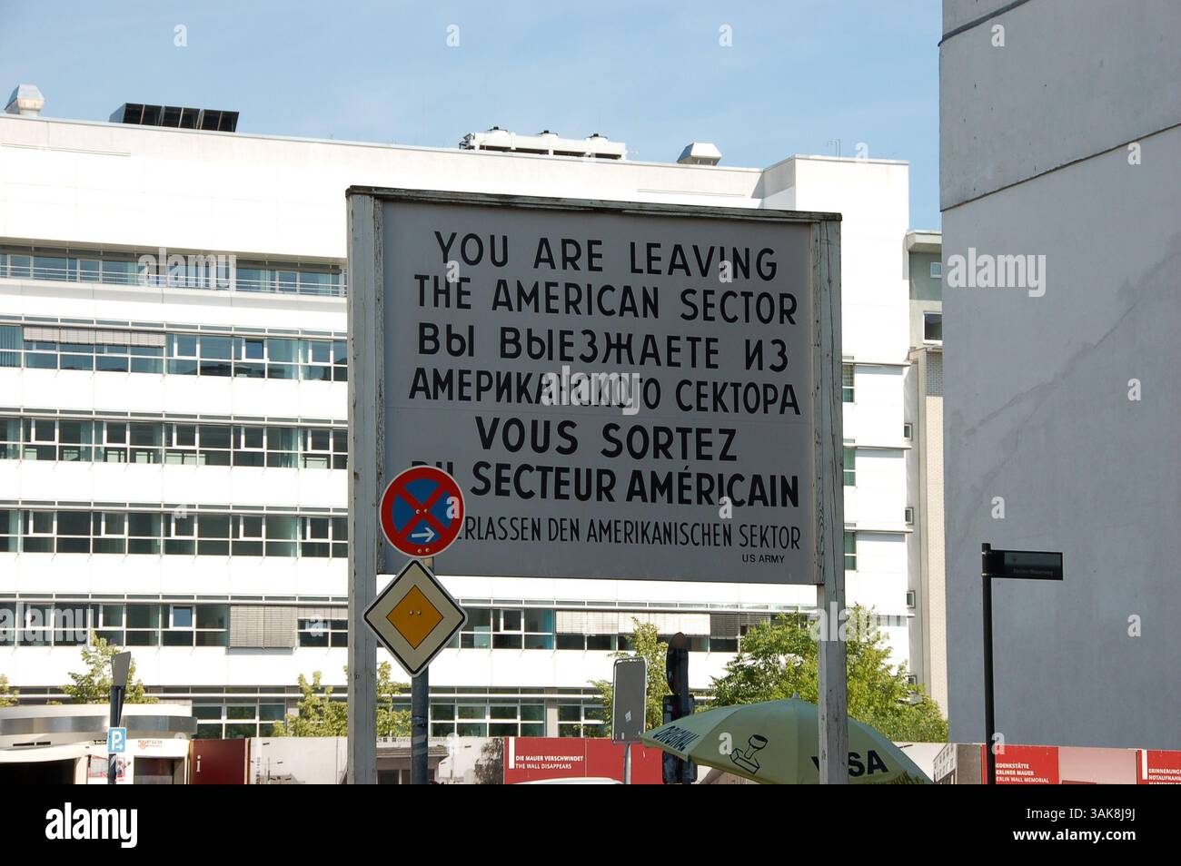 Historical multilingual sign at Checkpoint Charlie in Berlin, marking ...