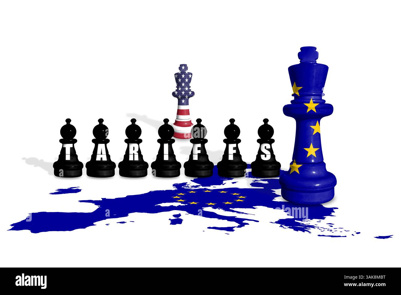 Chess made from EU and US flags. Europe Union and America trade, duty ...