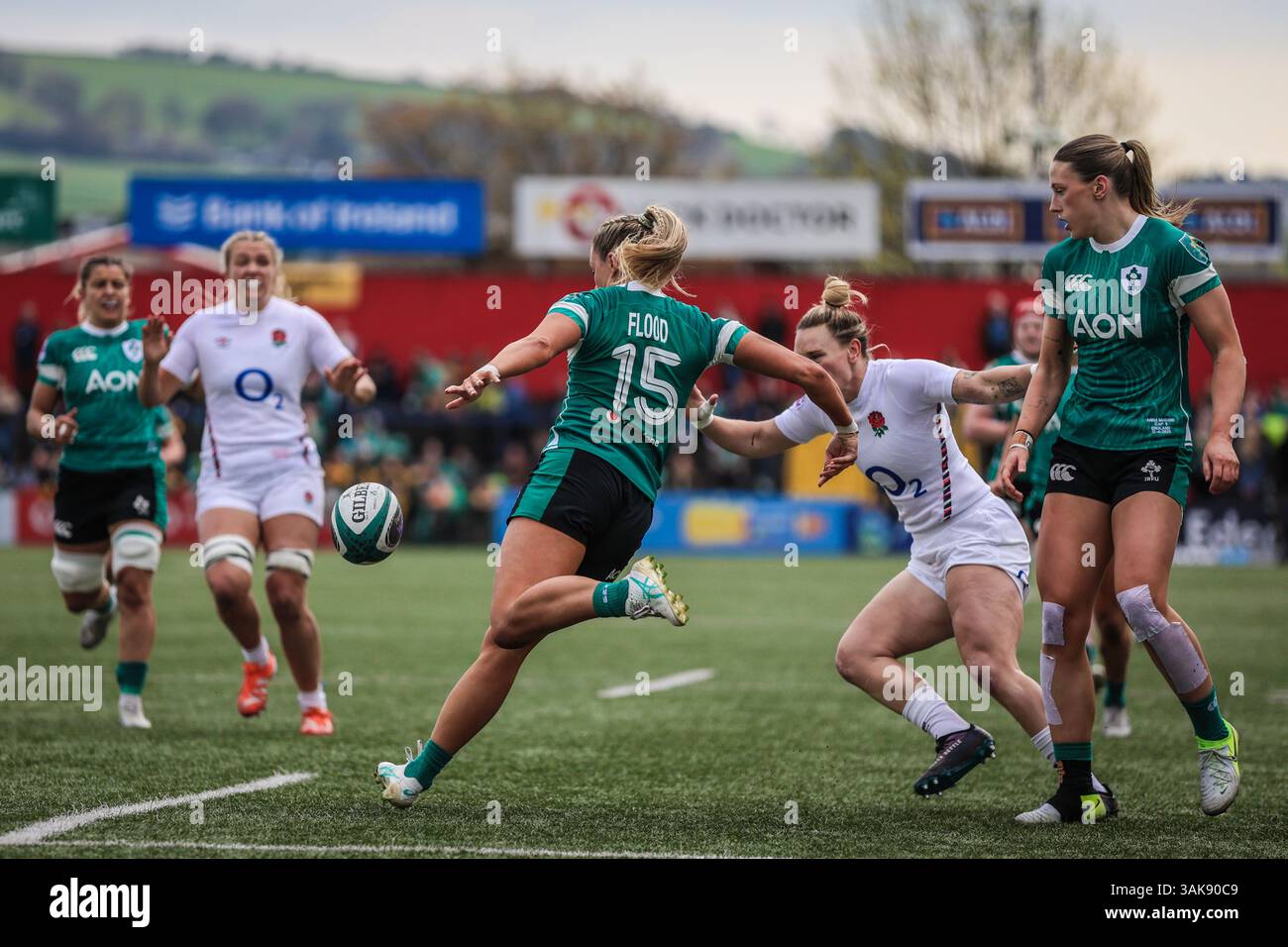Cork, Ireland. 12 April, 2025. Stacey Flood of Ireland kicks the ball ...