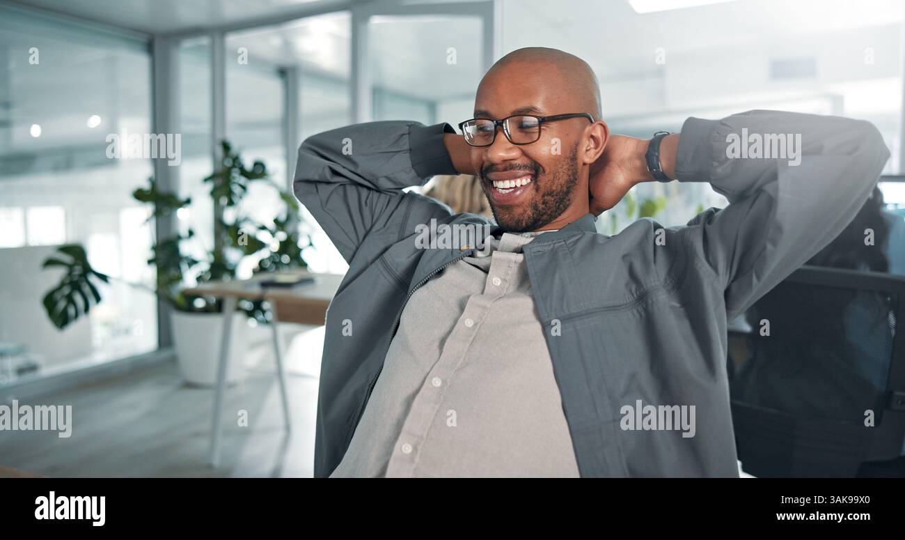 Relax, smile and black man in office with finished project for magazine ...