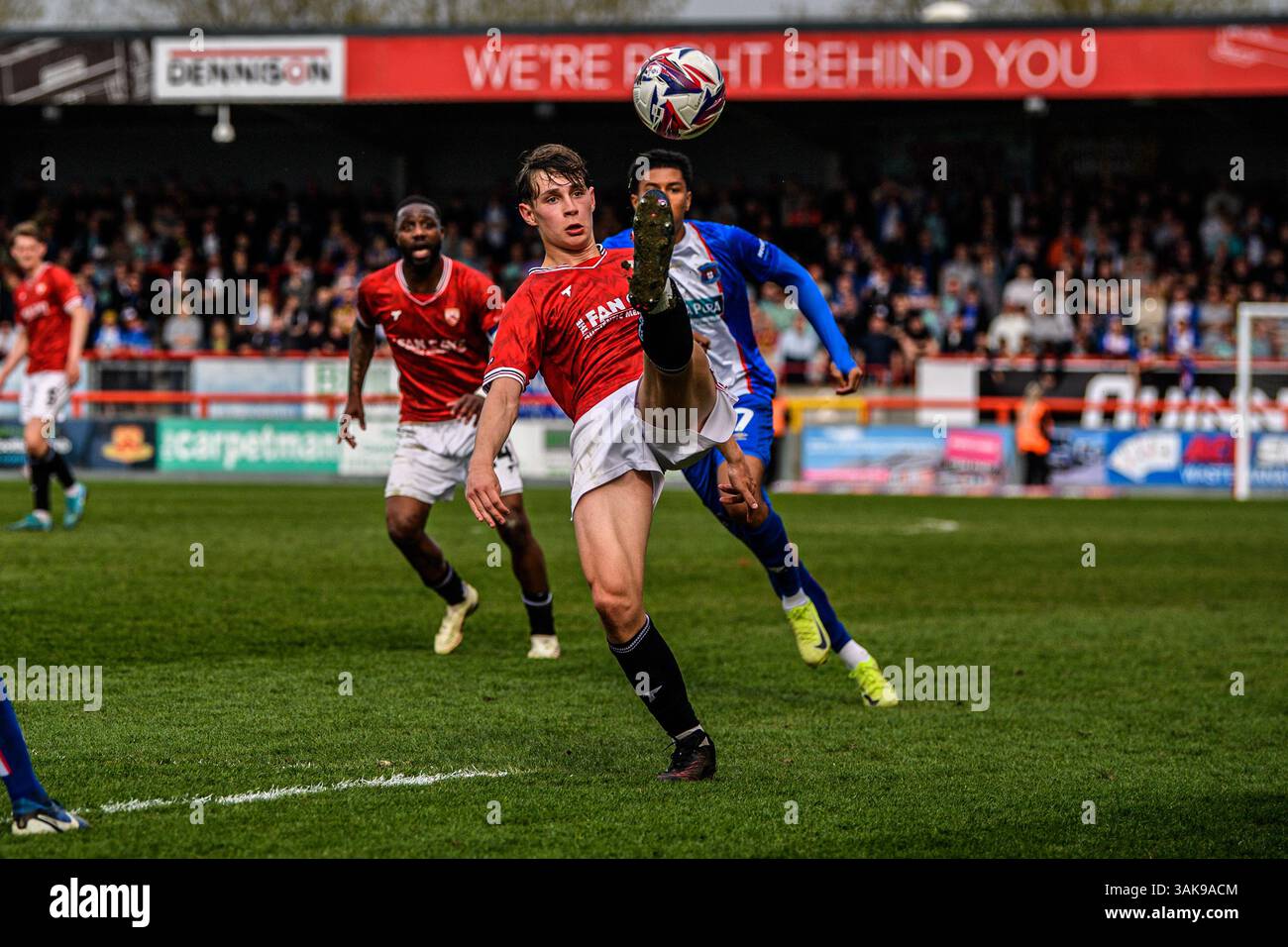 Morecambe FC's Adam Fairclough tries a high kick during the Sky Bet ...
