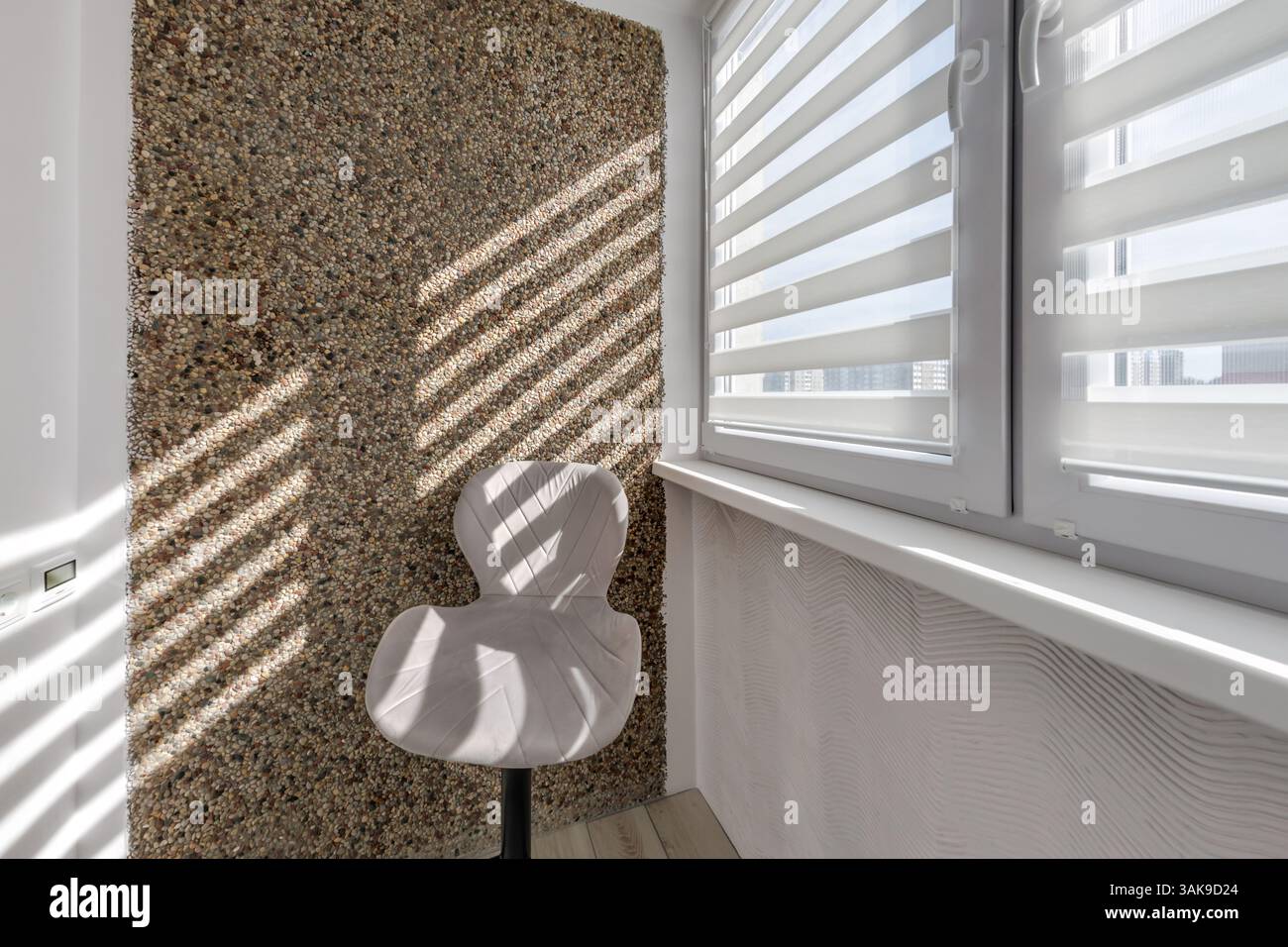 Modern double roller zebra blinds on large windows in bright minimalist ...