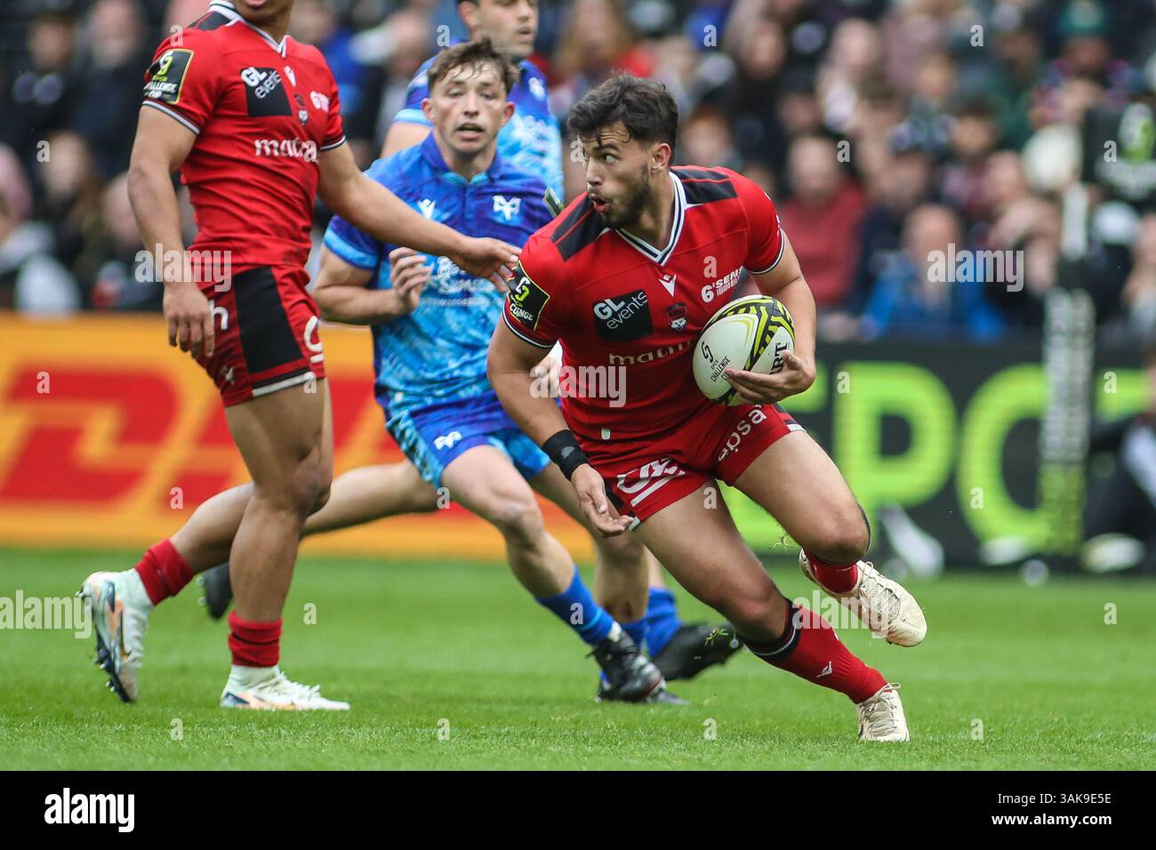 Swansea, Wales, UK. 12th April, 2025. Ethan Dumortier of Lyon Olympique ...