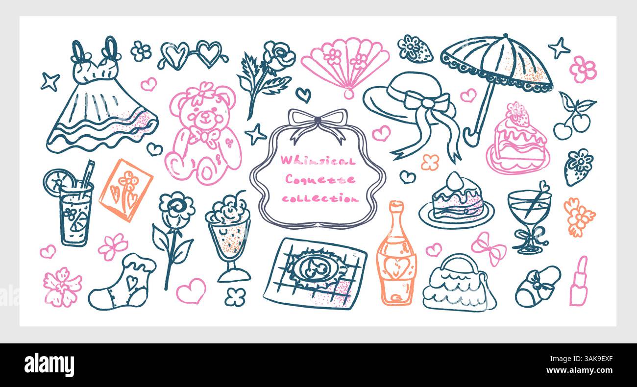 Whimsical Coquette Collection hand drawn vector set with romantic girly ...