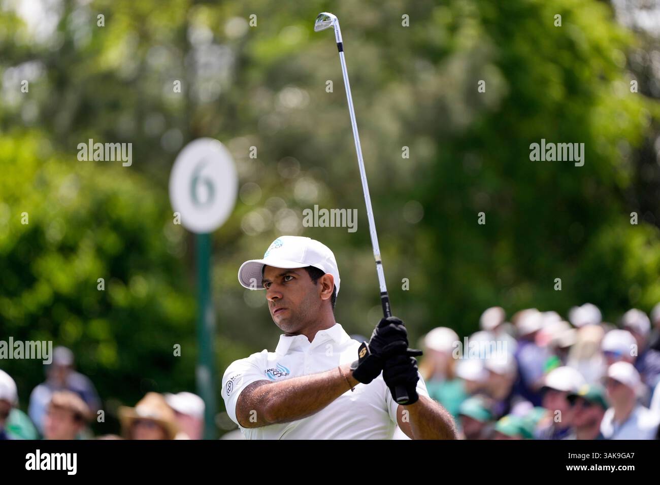 Aaron Rai, of England, watches his tee shot on the sixth hole during ...