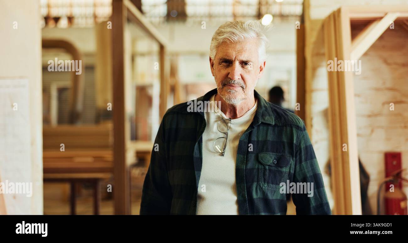Workshop, man and mature in portrait for carpenter, manufacturing and ...