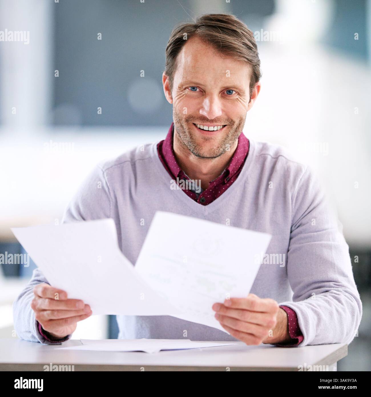 Business man, paperwork and portrait in office for cv review ...