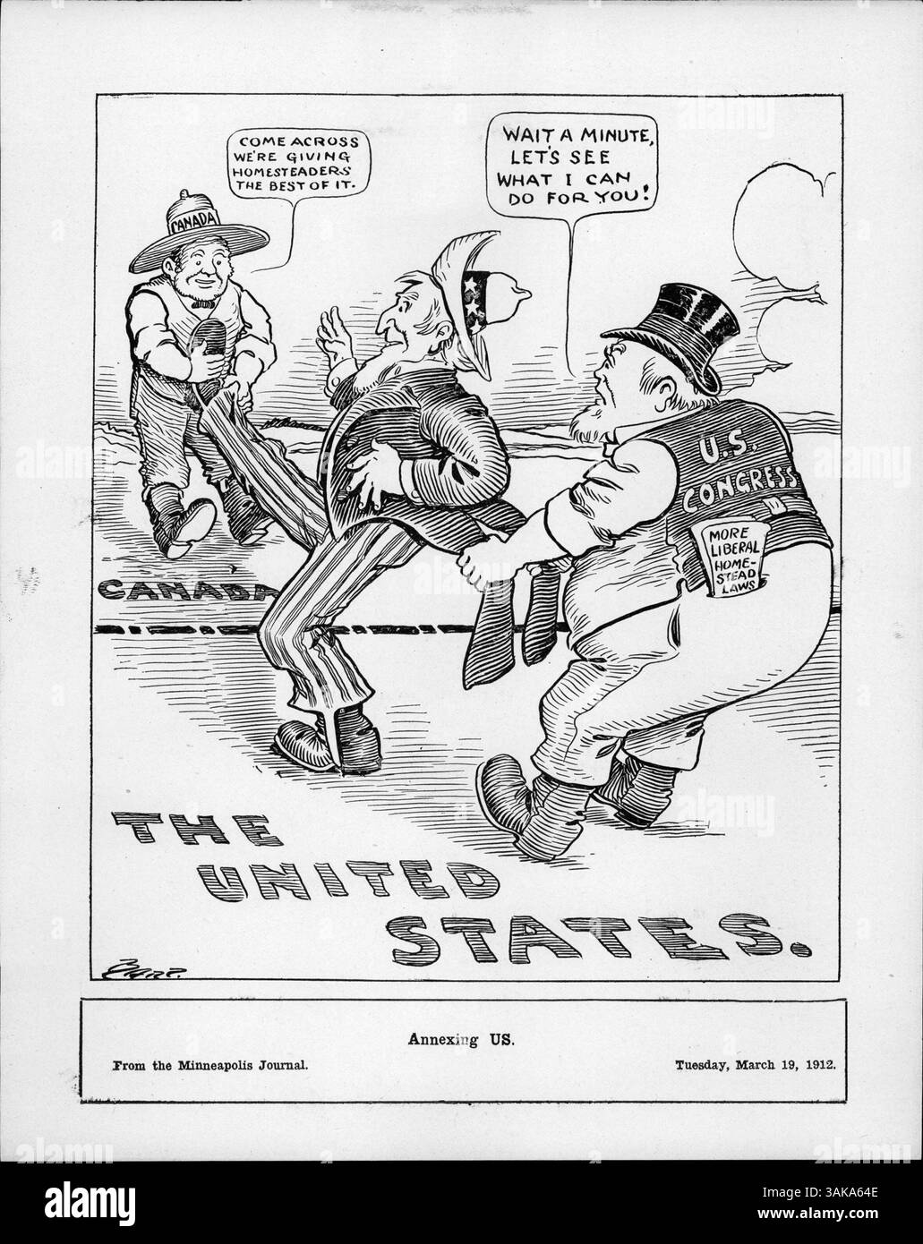 A political cartoon depicting a tug-of-war between Canada and the ...