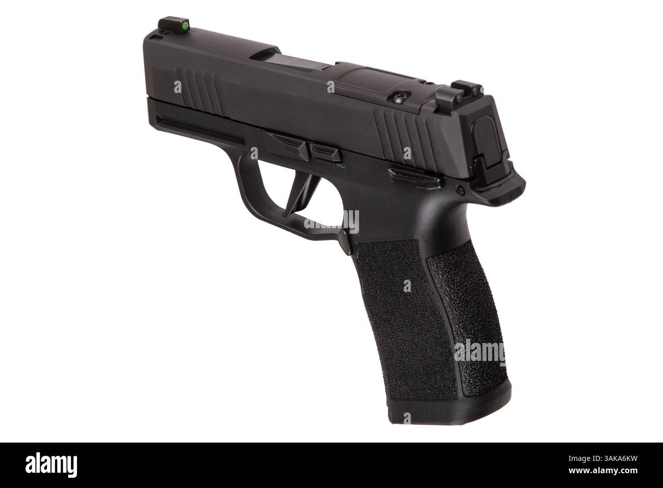 Black modern semi-automatic pistol isolated on white background, side ...