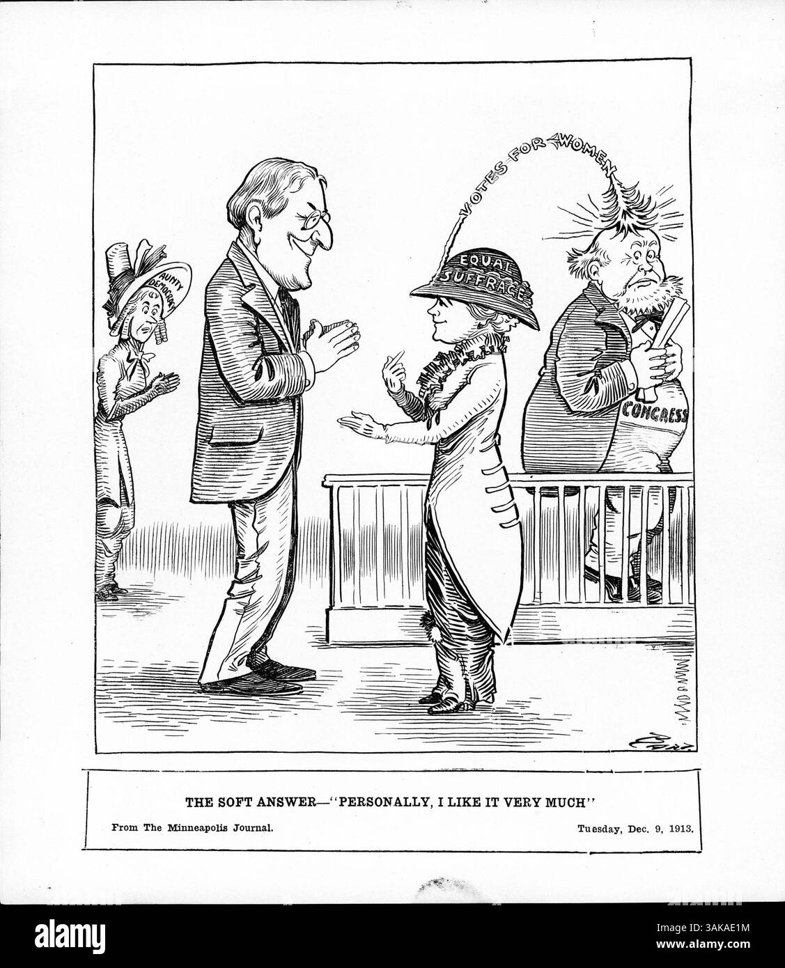 A cartoon illustrating President Wilson meeting with a woman wearing an ...