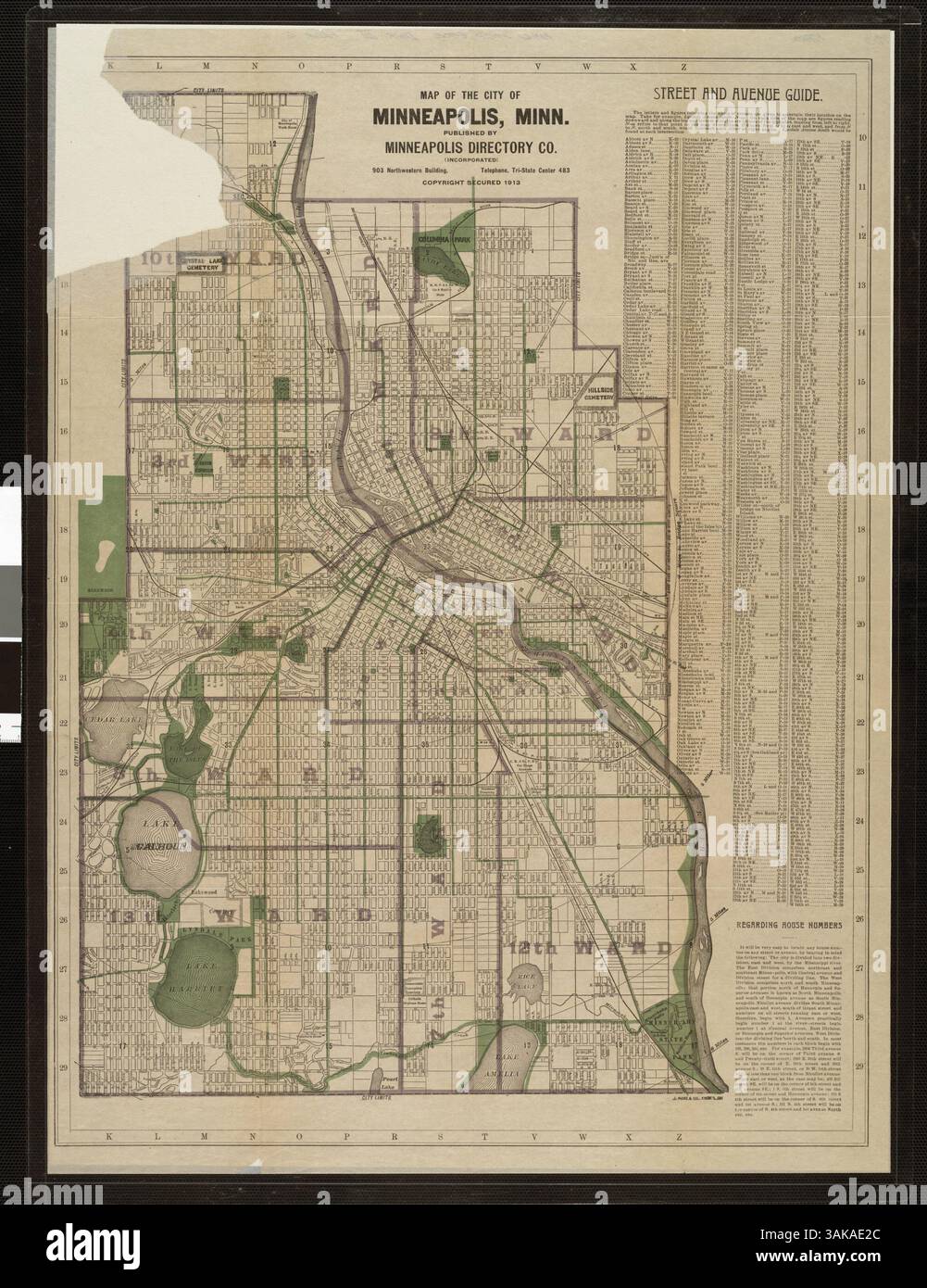 A map of Minneapolis, outlining streets, avenues, wards, and house ...