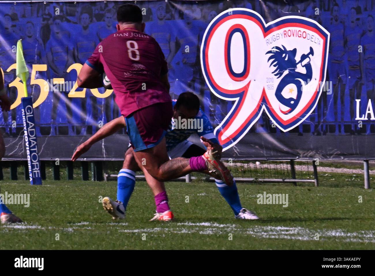 Rovigo, Italy. 12th Apr, 2025. Tackle during the match Femi Cz Rugby ...