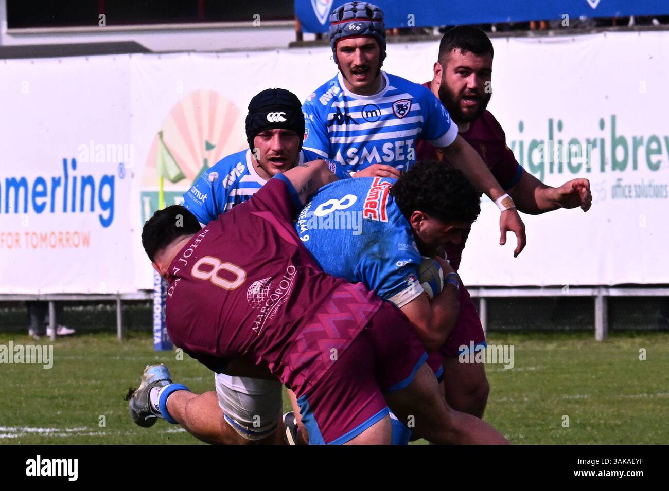 Rovigo, Italy. 12th Apr, 2025. Taclke during the match Femi Cz Rugby ...