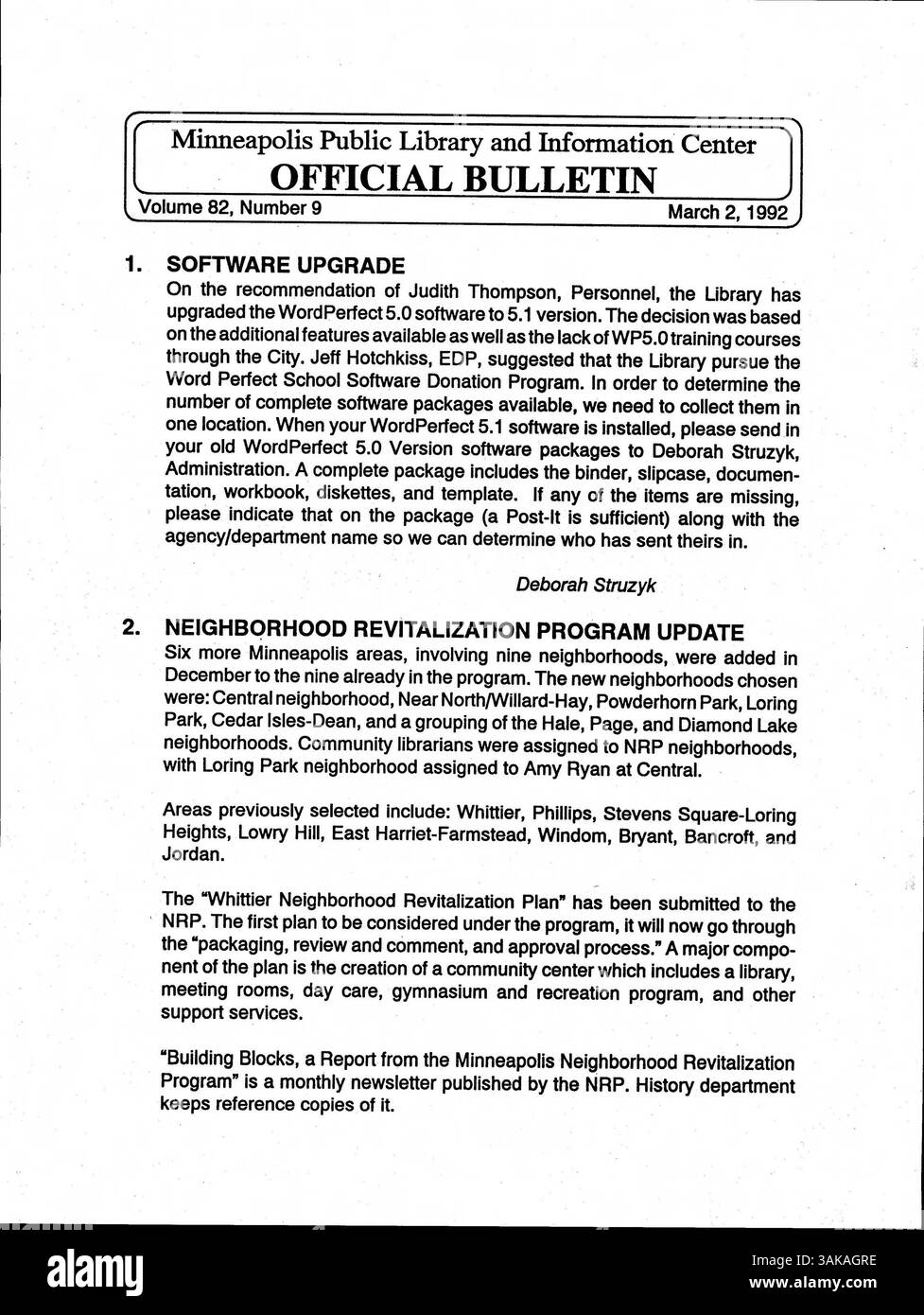 The 1992 Minneapolis Public Library Official Bulletin serves as a weekly update for employees ...