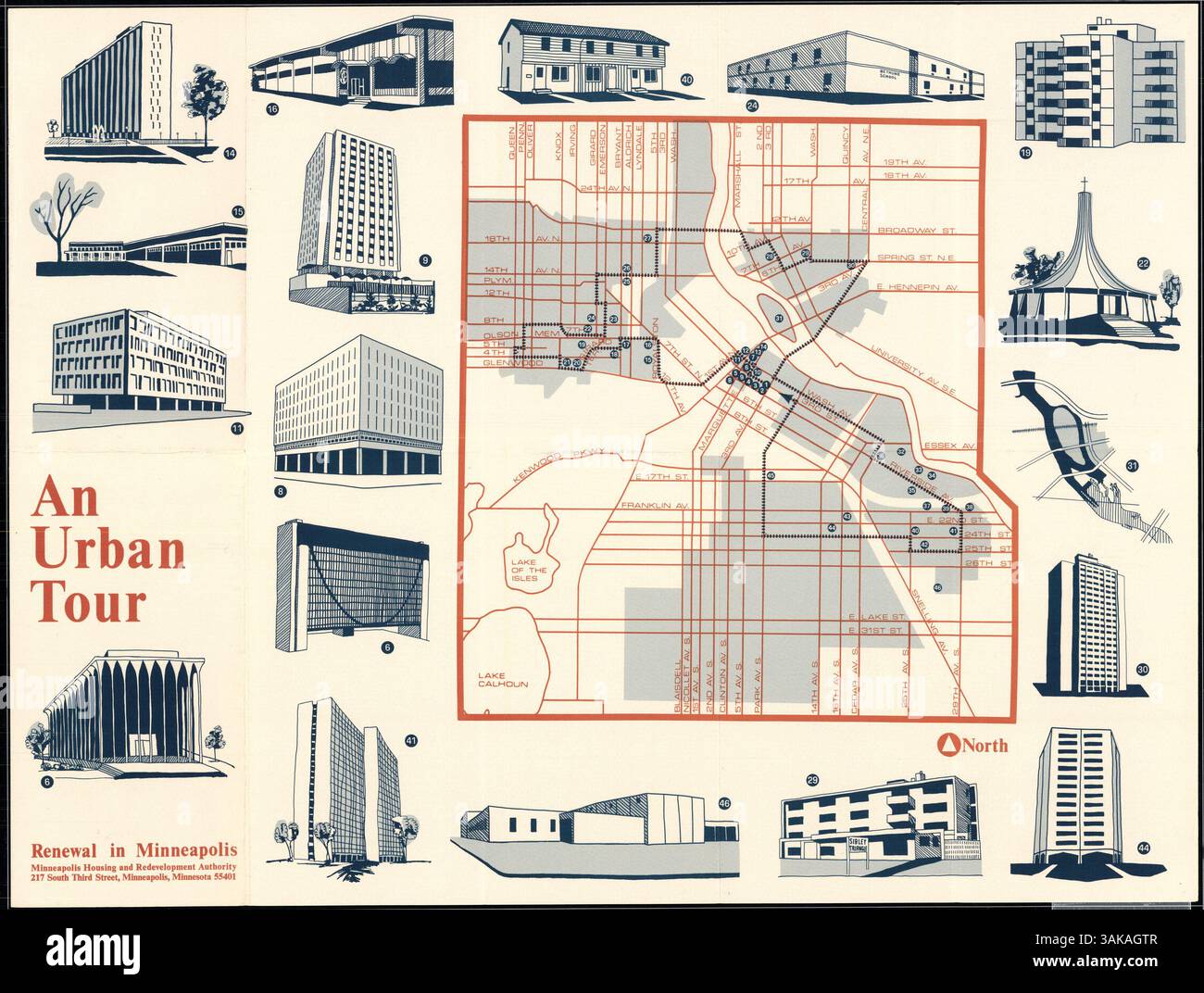 This urban tour features a map of Minneapolis showcasing building ...
