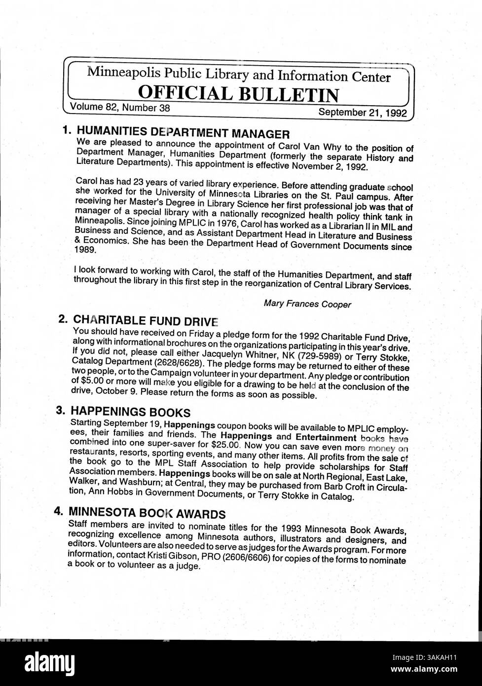 This weekly bulletin from the Minneapolis Public Library in 1992 ...