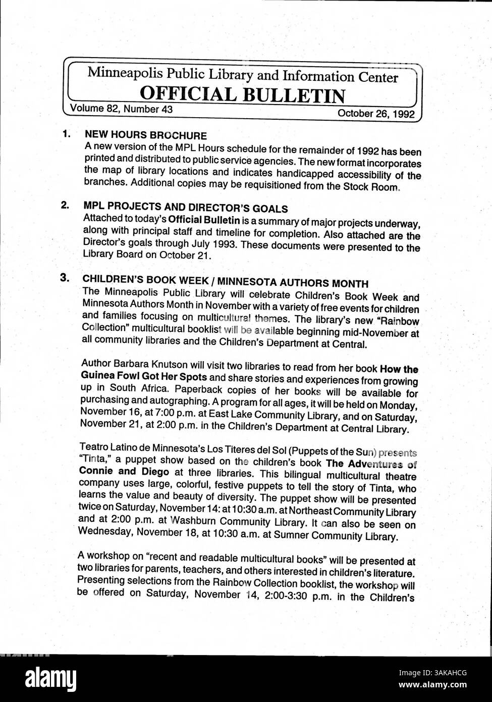 The 1992 Minneapolis Public Library Official Bulletin offers a weekly ...